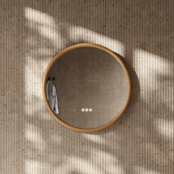 Cheval Oak Round Mirror with LED and Demister 600mm - LUSSO
