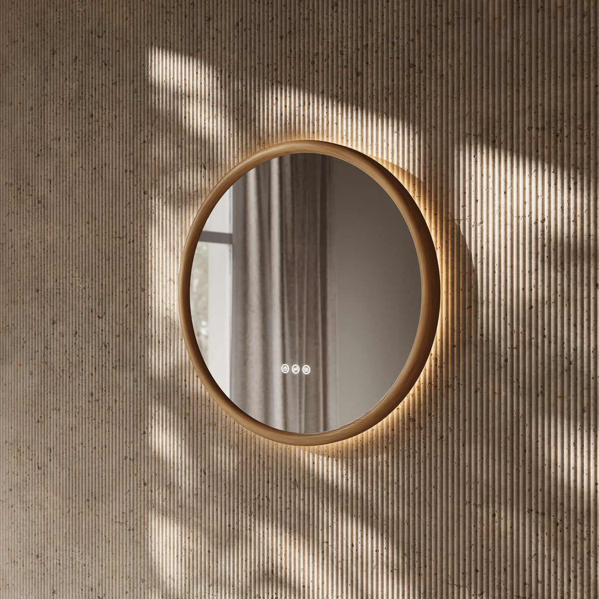 Cheval Oak Round Mirror with LED and Demister 600mm - LUSSO