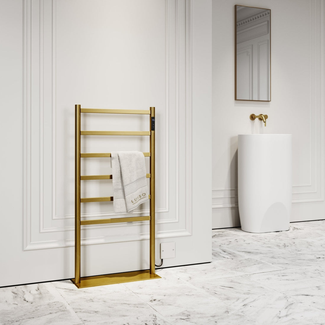 Vetro Brushed Gold Floorstanding Heated Towel Warmer - LUSSO