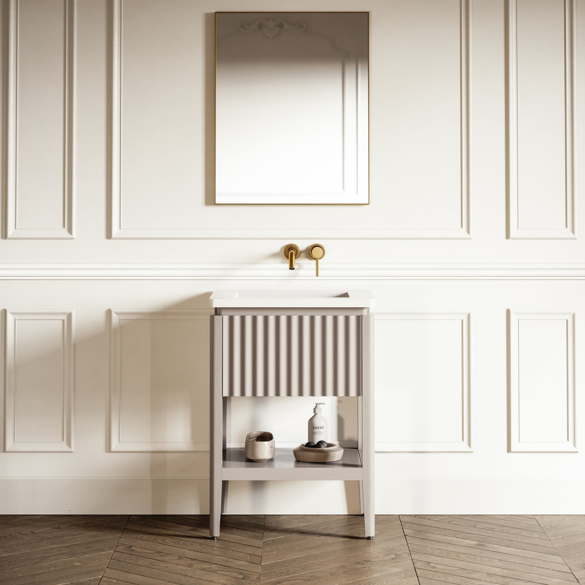 Eclat Velvet Beige Wood Grain Vanity Unit 600mm - LUSSO