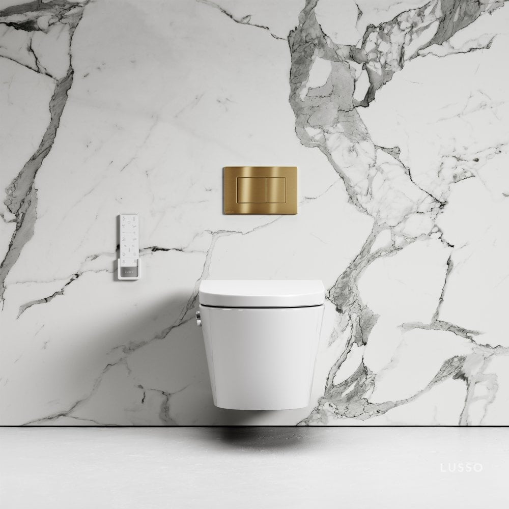 Intellismart Wall Hung Rimless Toilet|Brushed Gold Flush Plate - LUSSO