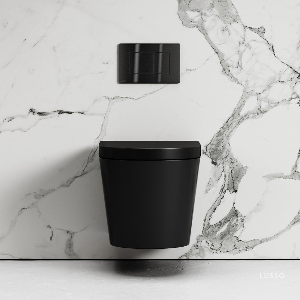 Nera Wall Hung Rimless Black Toilet | Gunmetal Flush Plate - LUSSO